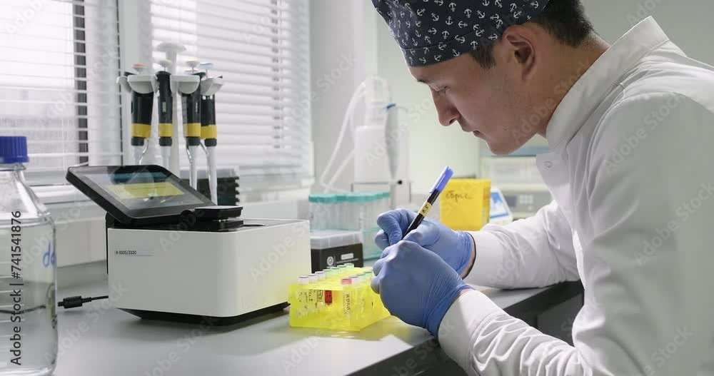 Scientist signs test tubes samples. Laboratory and scientific ...