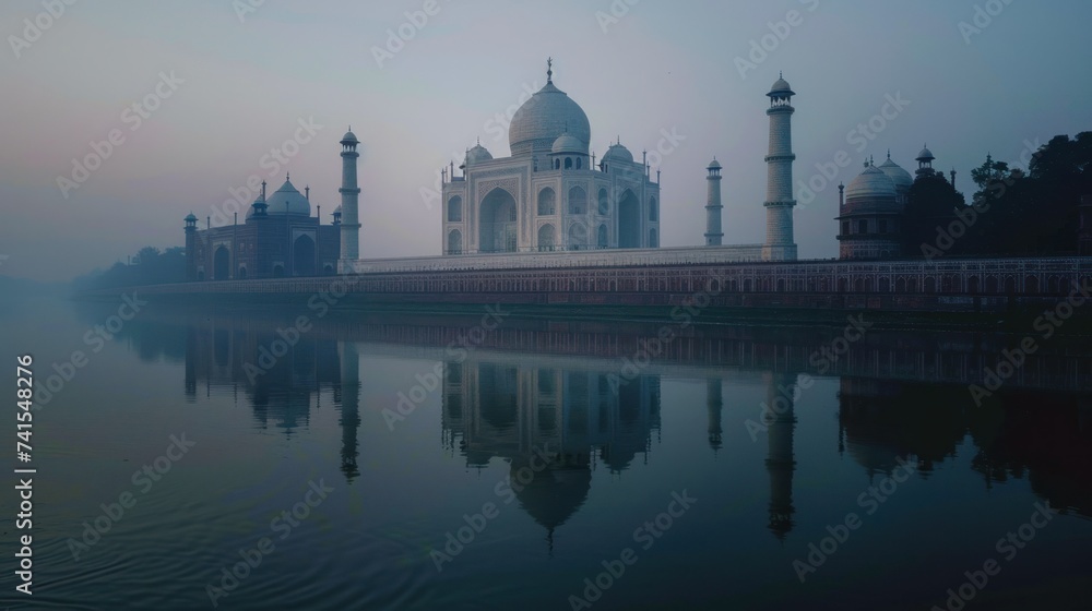 Misty Morning at the Taj Mahal Reflecting on Water. A serene, misty ...