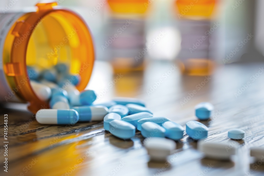 An overflow of pharmaceutical drugs and analgesic capsules spills from ...