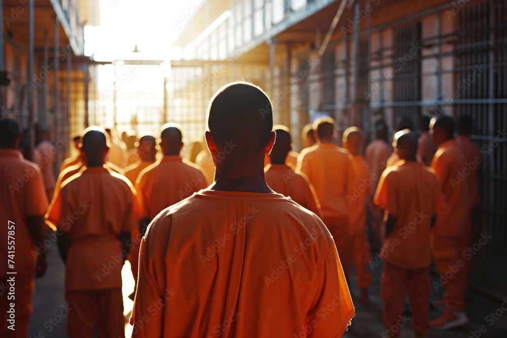 Prisoners, inmates in orange uniforms standing facing the metal bars in ...