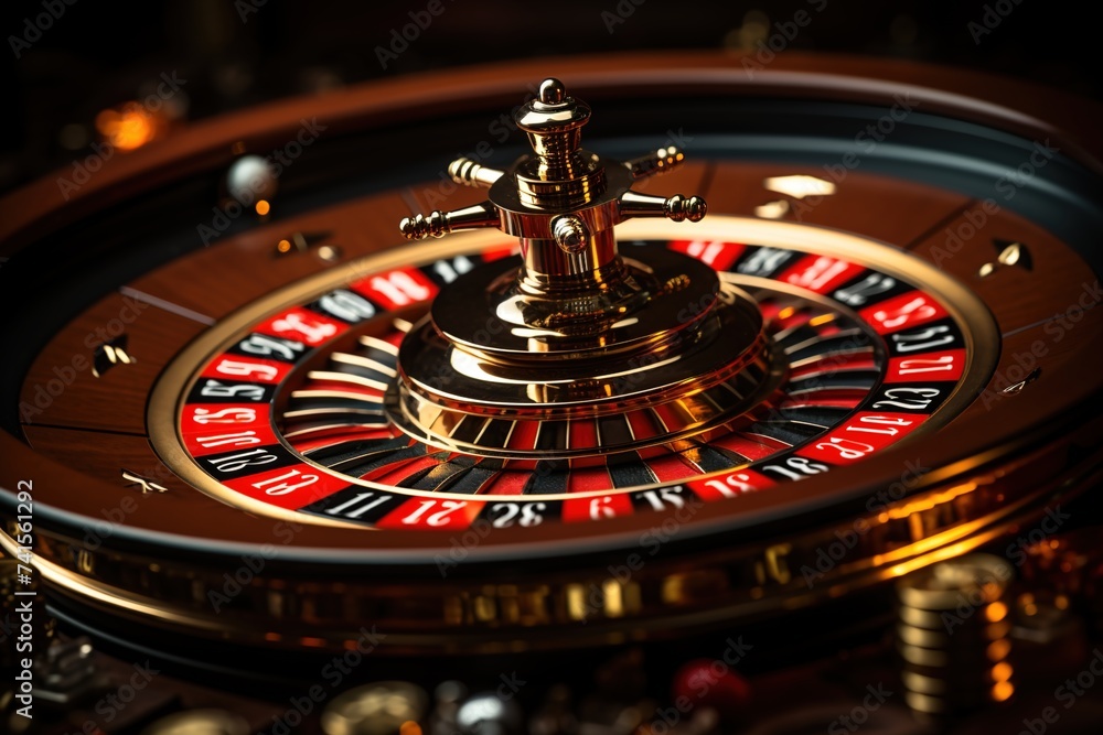 In the dimly lit ambiance, a captivating roulette wheel stands out with ...