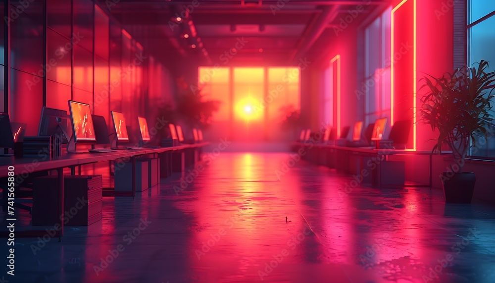 Modern neon cyberpunk open space office interior blurred with ...