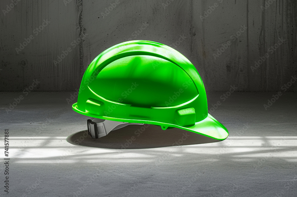 green safety helmet at a construction site with concrete walls and ...