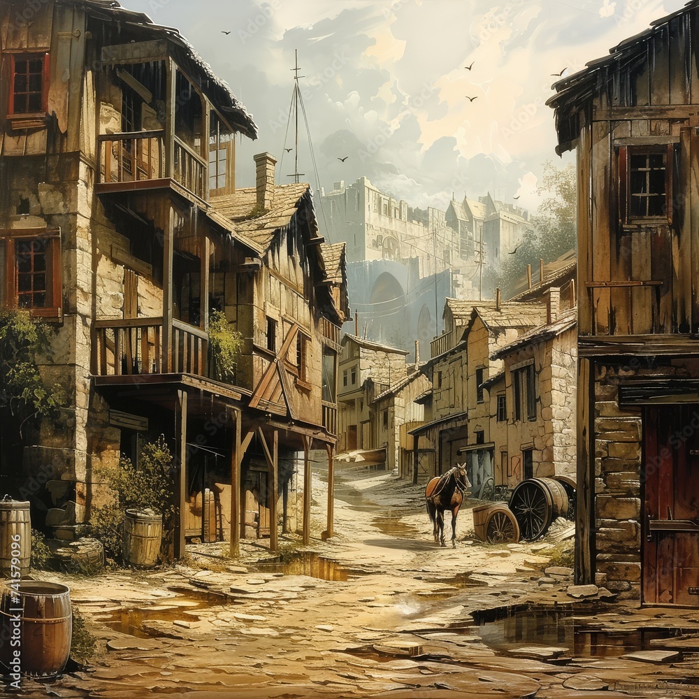 Historical medieval street scene with a horse and rustic architecture ...
