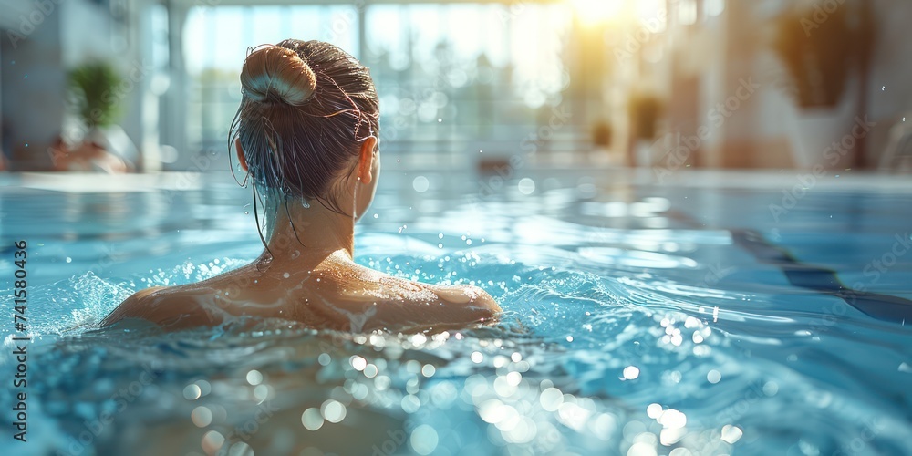 A woman swimming laps in an Olympic-sized pool, her body cutting ...