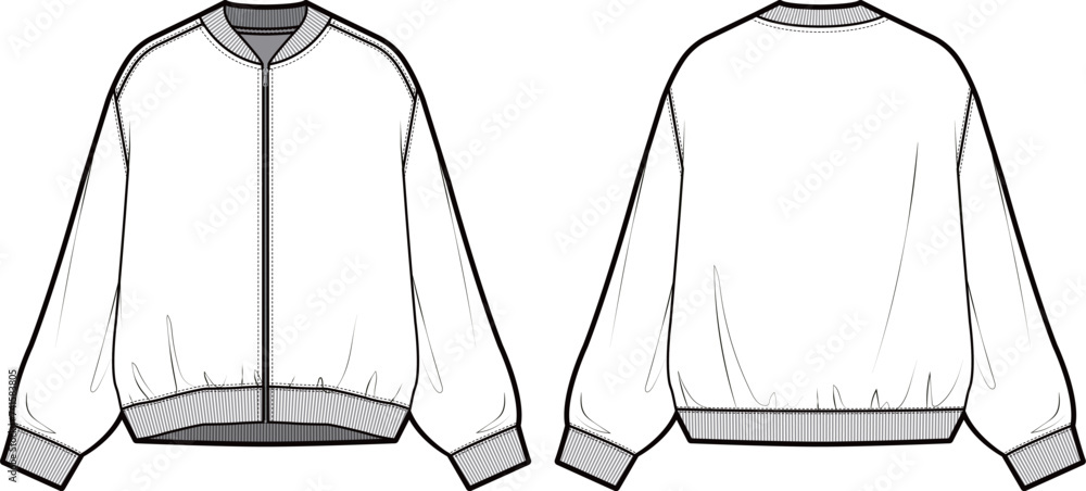 Technical flat sketch of Oversized Bomber Jacket. Front zip up loose ...