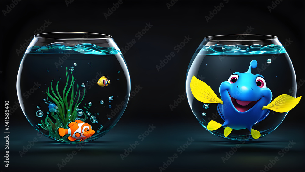 cartoon character fish underwater animals on black background. fish in ...