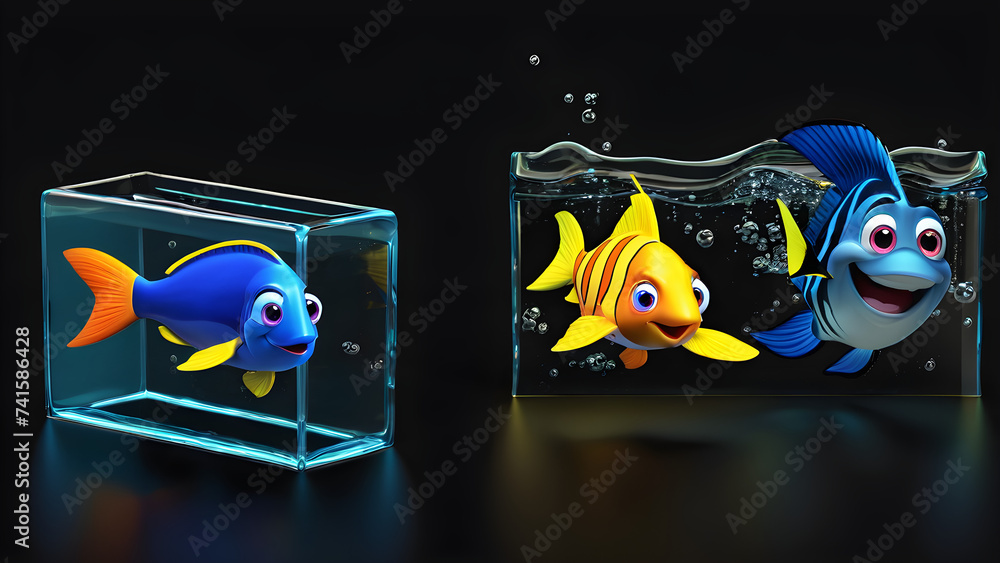 cartoon character fish underwater animals on black background. fish in ...
