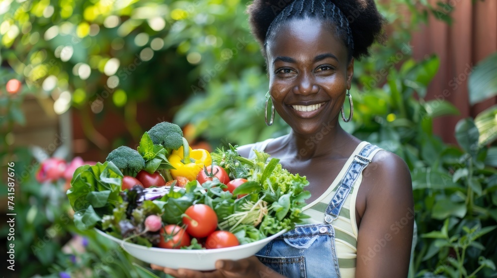 A young woman proudly displays her locally-sourced produce, showcasing ...