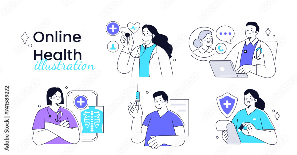 Telemedicine. Concept outline illustrations set. Doctors, nurses and ...