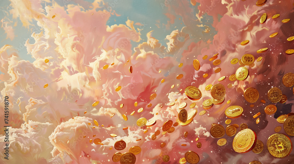 Fantastic explosion of gold coins, wealth in a watercolor pink sky with ...