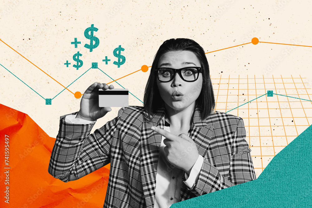 Photo collage advertisement of profitable shares investment pointing ...