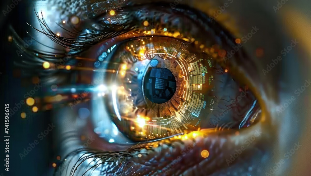 Science and art focus falls on human eye radiating ethereal golden ...