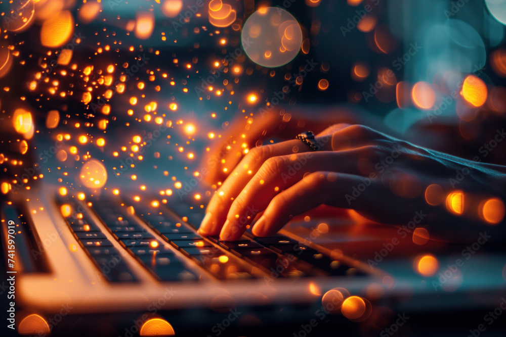 Closeup on person's hands on a laptop keyboard. A slide background for ...
