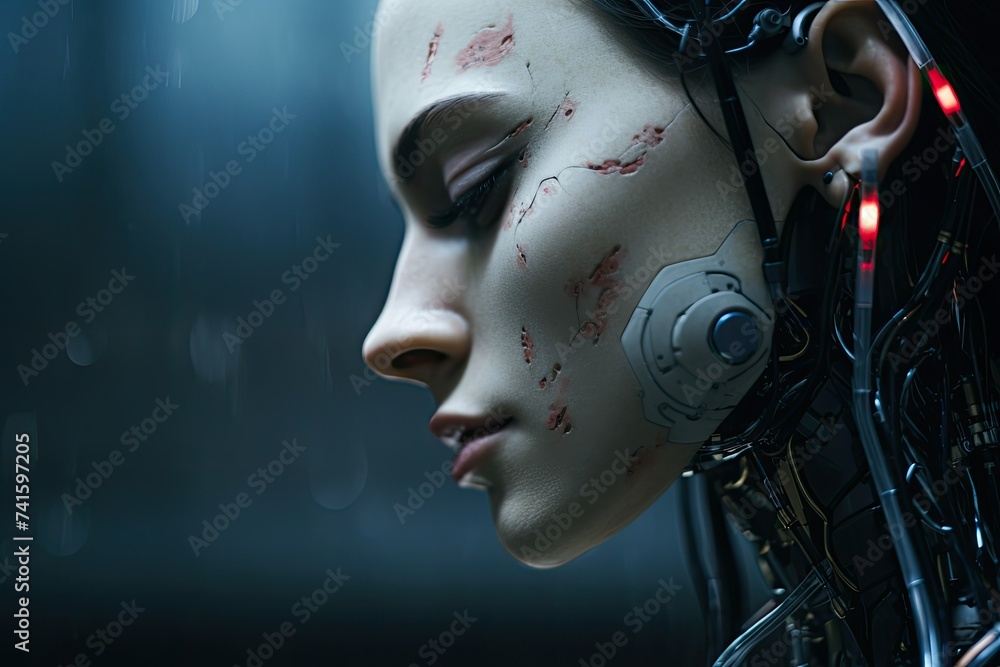 Scifi robotic character. futuristic ai female robot. Close-up portrait ...