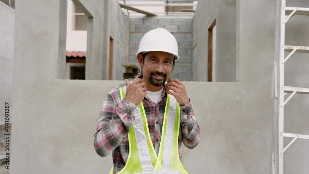 Proudly smiling Asian engineer in yellow vest in construction site ...