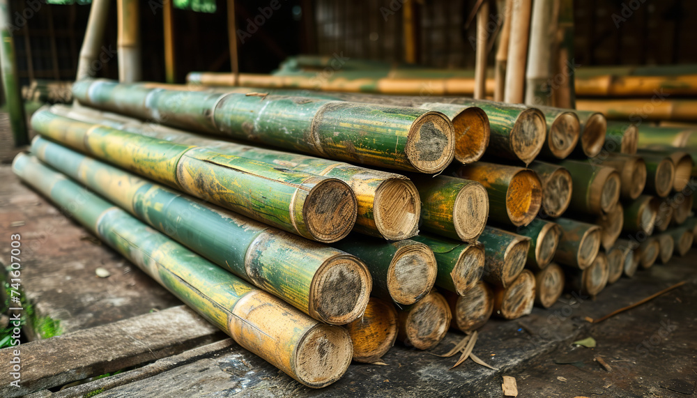 Fresh bamboo canes are neatly stacked - awaiting the drying process ...
