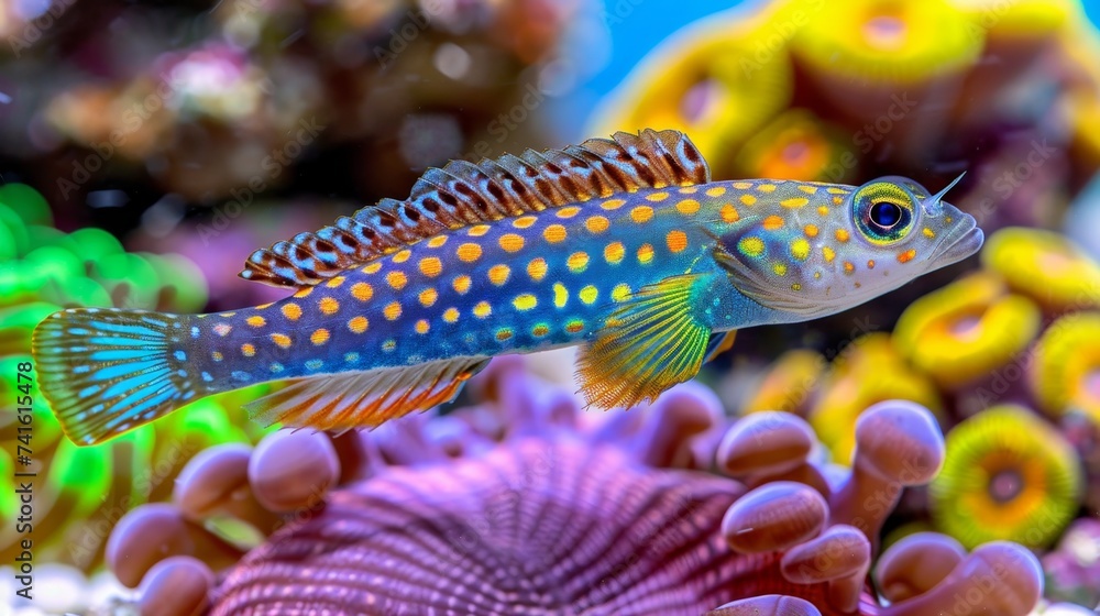 Colorful clown goby fish swimming amid vibrant corals in saltwater ...