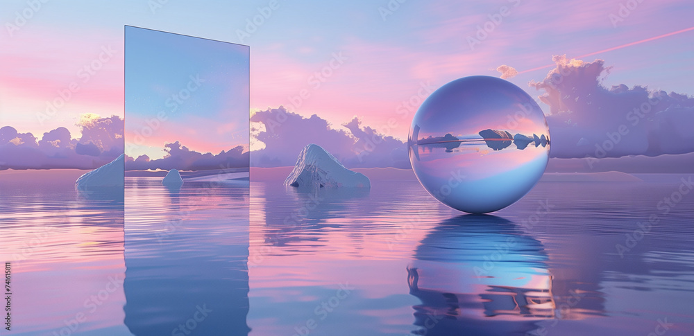 Reflective mirror and glass sphere waterscape and sky serene background ...