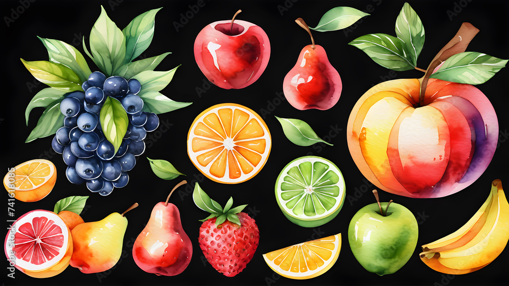 watercolor painted fruits clipart hand drawn design elements isolated ...