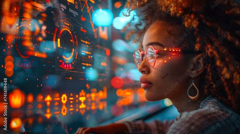 A woman's face illuminated by the glow of a computer screen at night ...