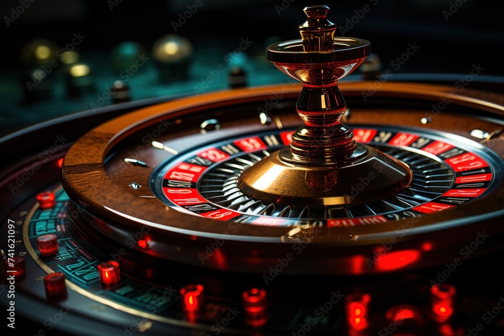 In the dimly lit ambiance, a captivating roulette wheel stands out with ...