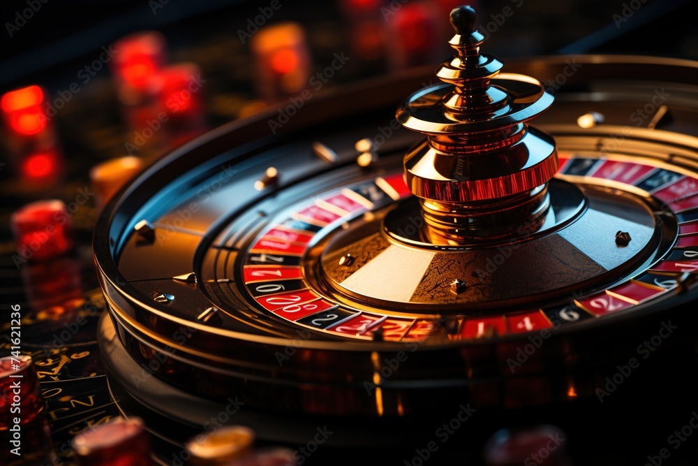 Against the dark canvas, a magnificent roulette wheel commands ...