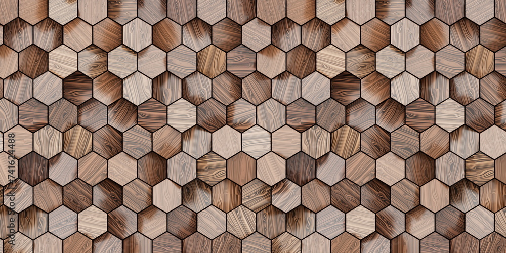 uneven wooden hexagon pattern background, hexagonal tiles arranged in a ...