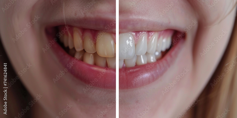Woman teeth before and after whitening. Dental clinic patient. Oral ...