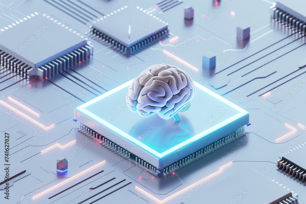 AI Brain Chip universal serial bus. Artificial Intelligence neon pink ...