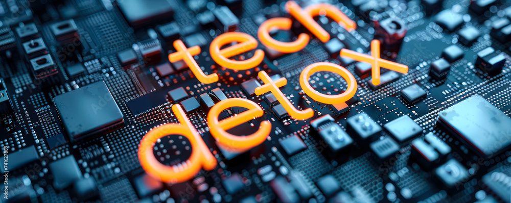 Neon 'Tech Detox' text on a motherboard symbolizes digital detoxification, highlighting the ...