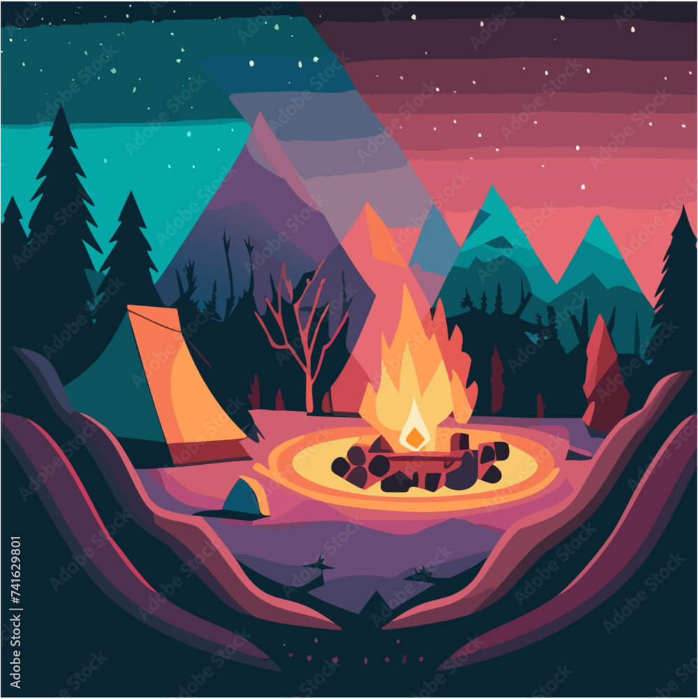 Vector Illustration of a Magical Campfire around Tents, Minimal, Cool Winter, Night Colors ...