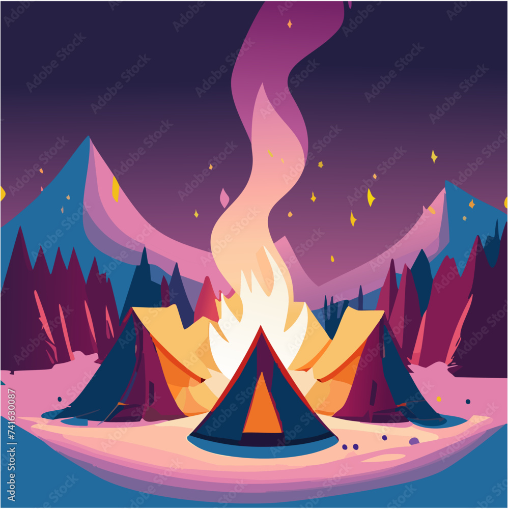 Vector Illustration of a Magical Campfire around Tents, Minimal, Cool Winter, Night Colors ...
