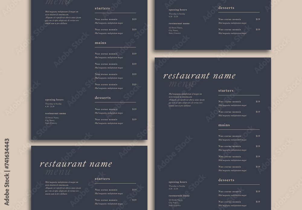 Minimalistic menu with blue and brown accents Stock Template | Adobe Stock
