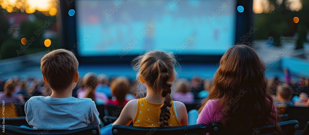Summer cinema Open air cinema Mom with a child in a summer cinema. with ...