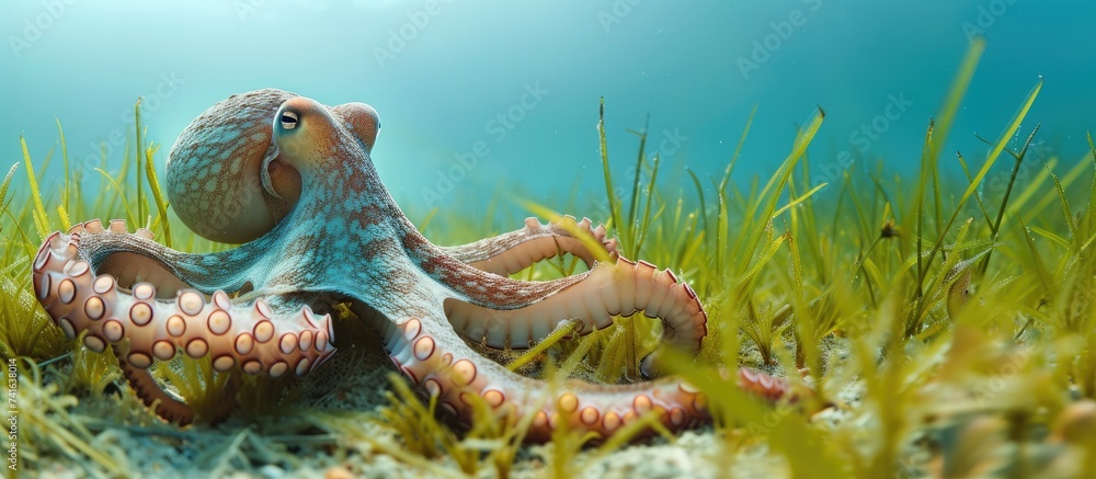 Common Octopus Octopus vulgaris climbing out of its den surrounded by ...