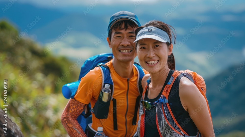 Trail Running Duo Smiling in the Forest. Happy male and female runners ...