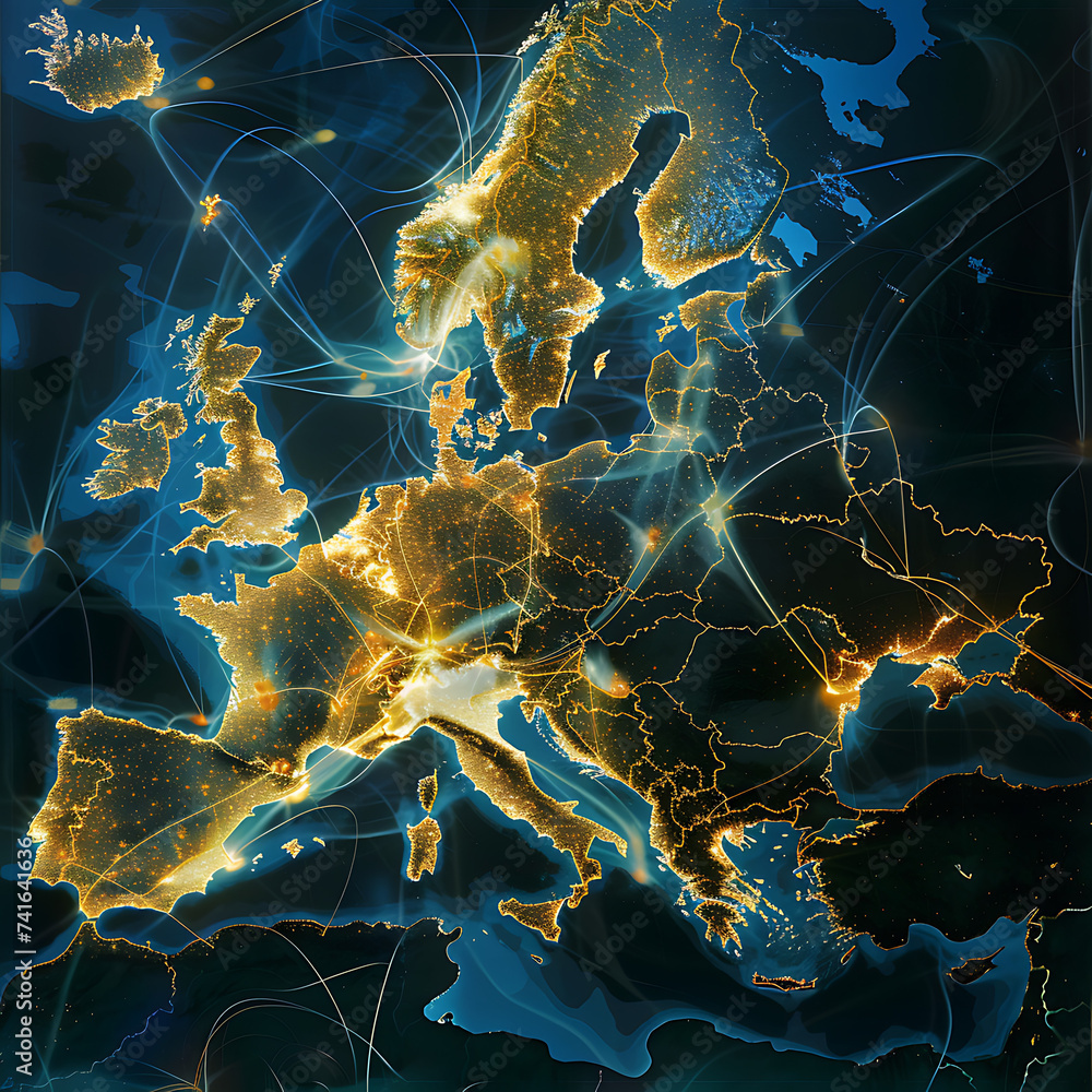 A digital map of Western Europe adorned with luminous pathways ...