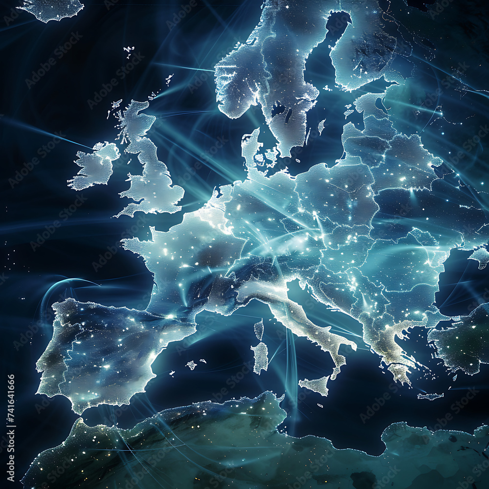 A digital map of Western Europe adorned with luminous pathways ...