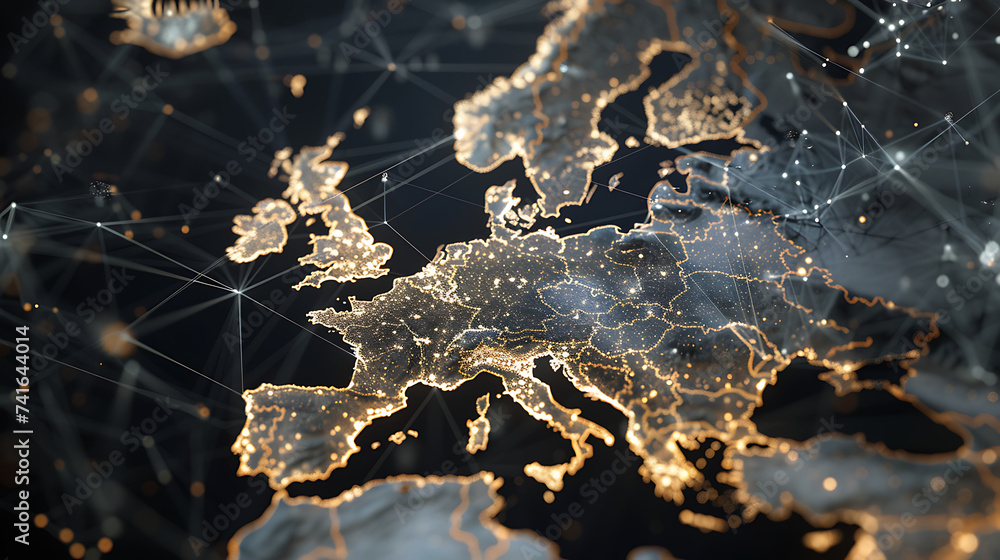 A digital map of Western Europe illuminated by a constellation of interconnected nodes ...