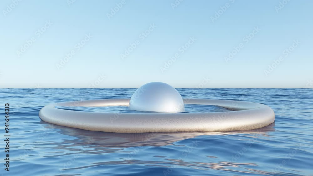 Sphere and ring on the water. Geometric metallic objects rocking on the ...