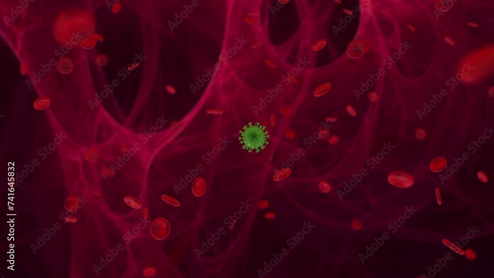 Virus cells in bloodstream with erythrocytes, 3D graphics. Coronavirus ...
