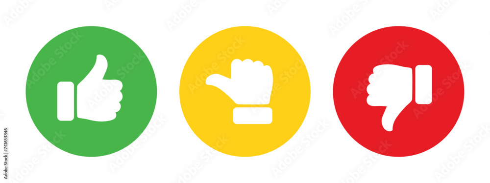 Like, dislike and neutral thumb symbols in green, yellow and red color. Feedback and rating ...