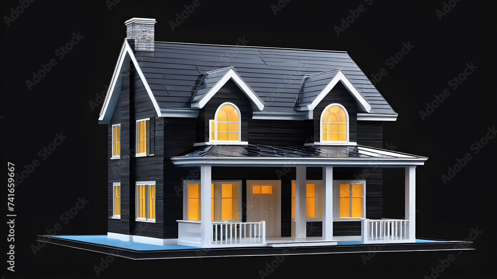 glassy simple suburban houses on a black background. house on the roof ...