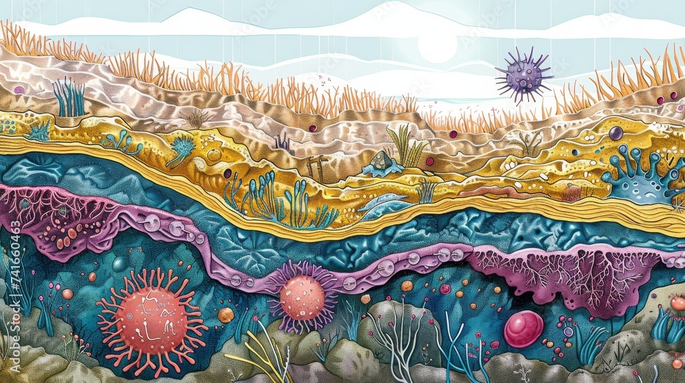 An artistic cross-section illustration of soil layers rich in microbial ...