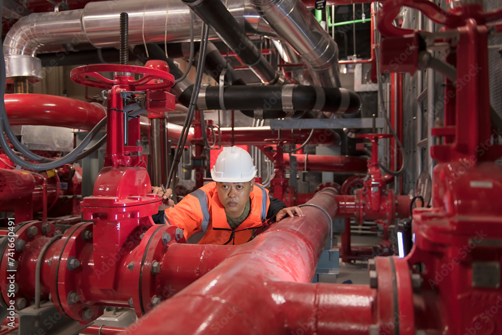 engineer checking and inspection pressure ,pipeline in fire pump room ...