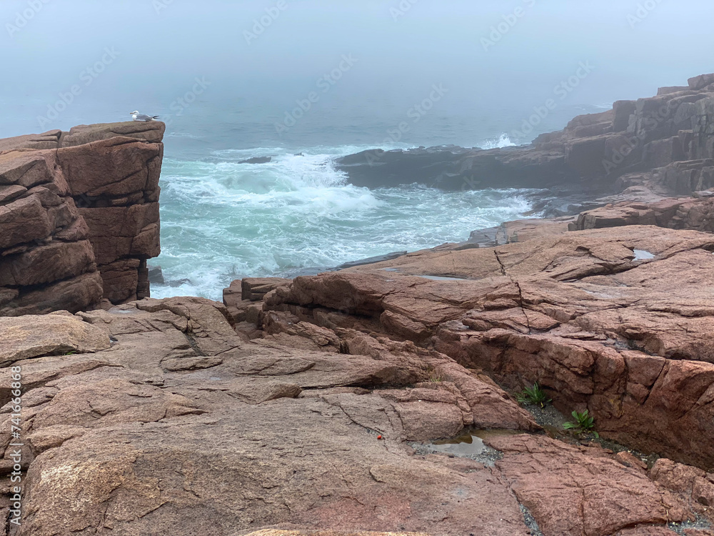 Thunder Hole, Acadia National Park, Maine. Foggy, rainy natural rock ...