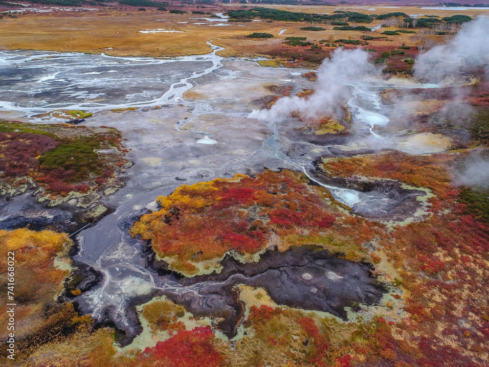 Aerial view of Uzon, a volcanic caldera and geothermal area with hot ...