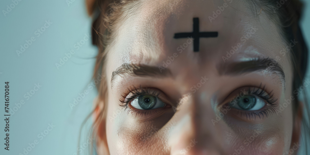 Young Woman with Ashen Cross, copy space, portrait. Close-up of a ...