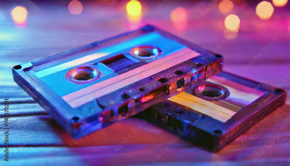 Neon cassette. Nostalgia of the 90s. Audio cassette for listening to ...